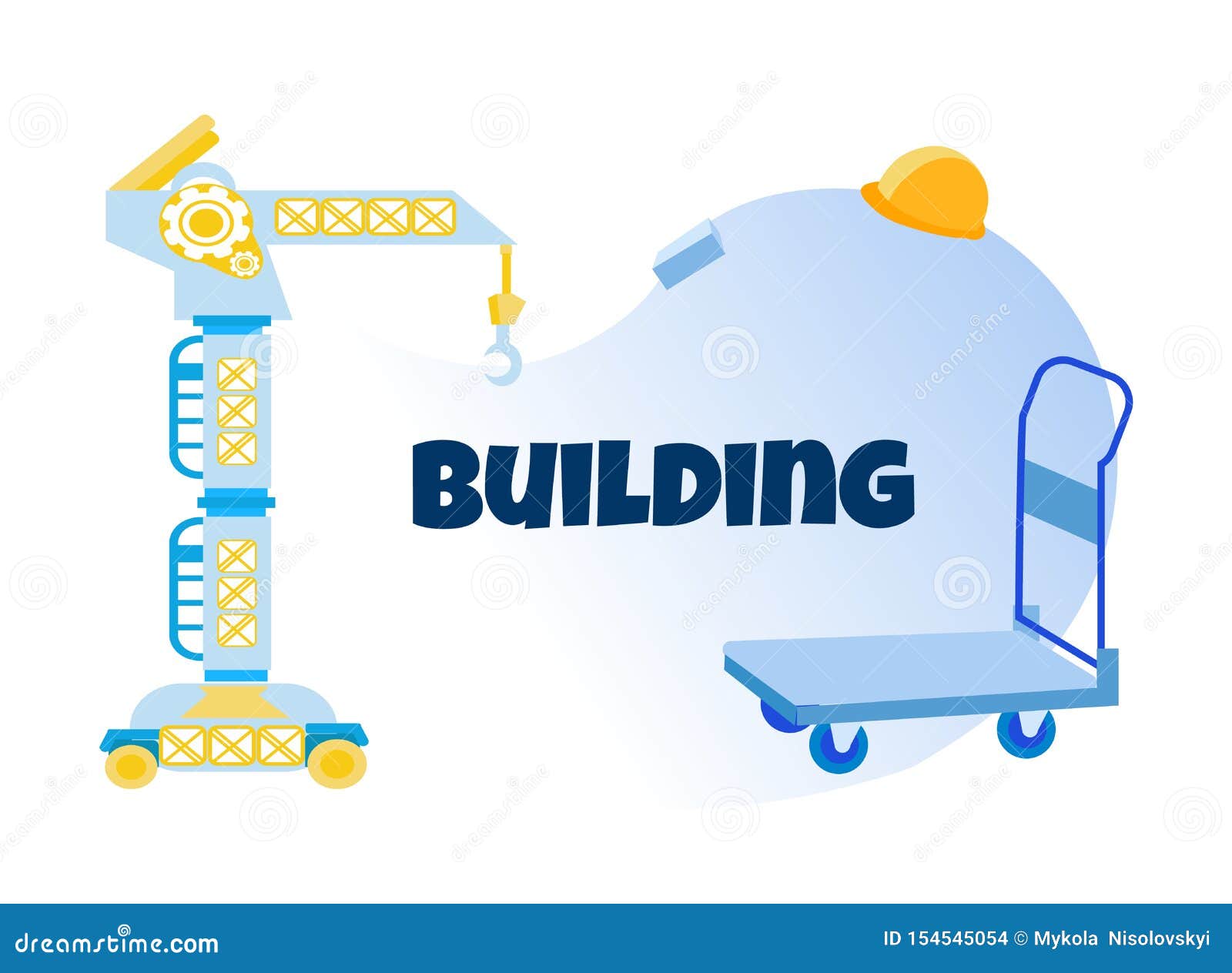 Building Poster with Cartoon Tower Crane and Cart Stock Vector ...