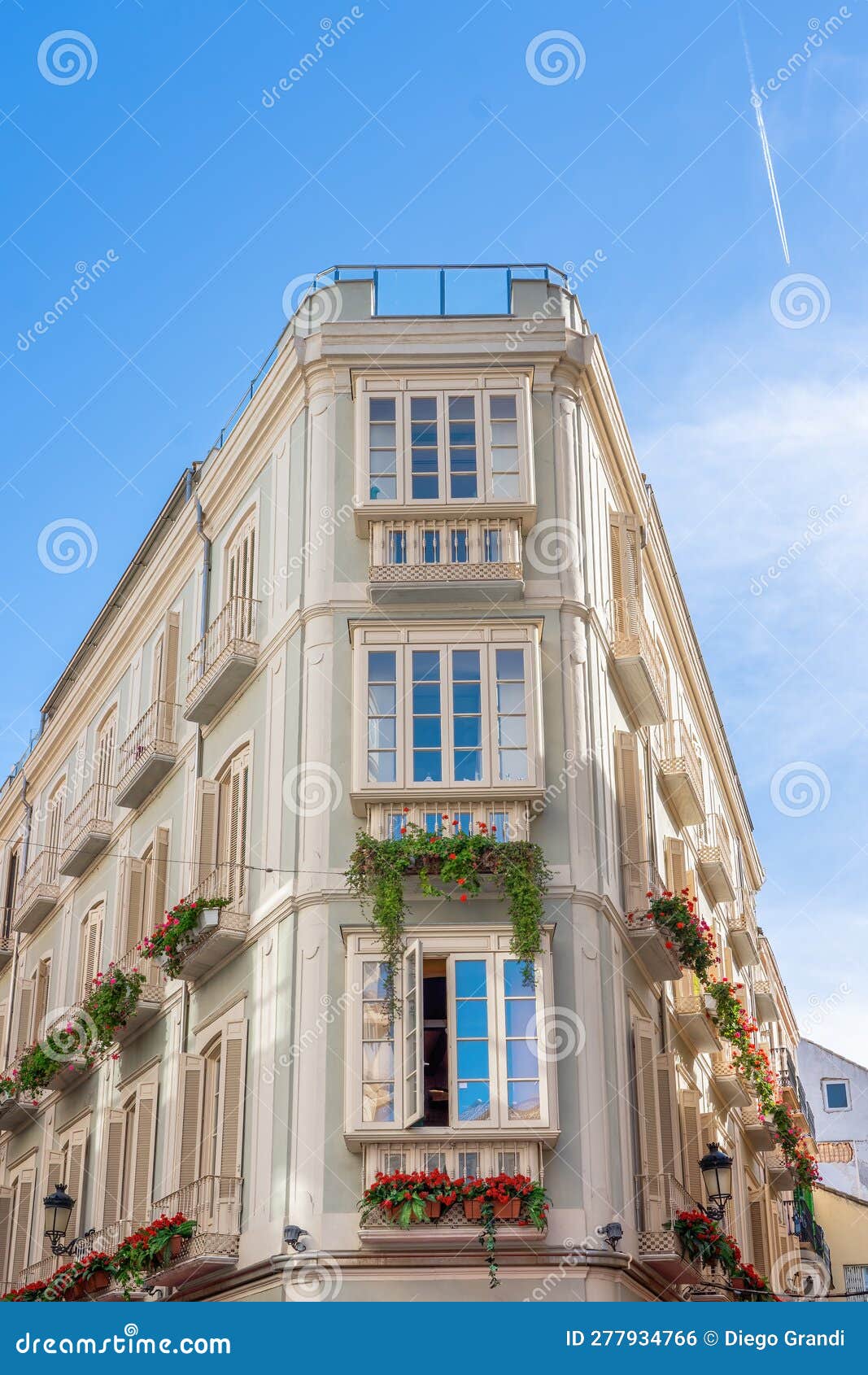 Building with Flower Window Boxes - Malaga, Andalusia, Spain Stock ...