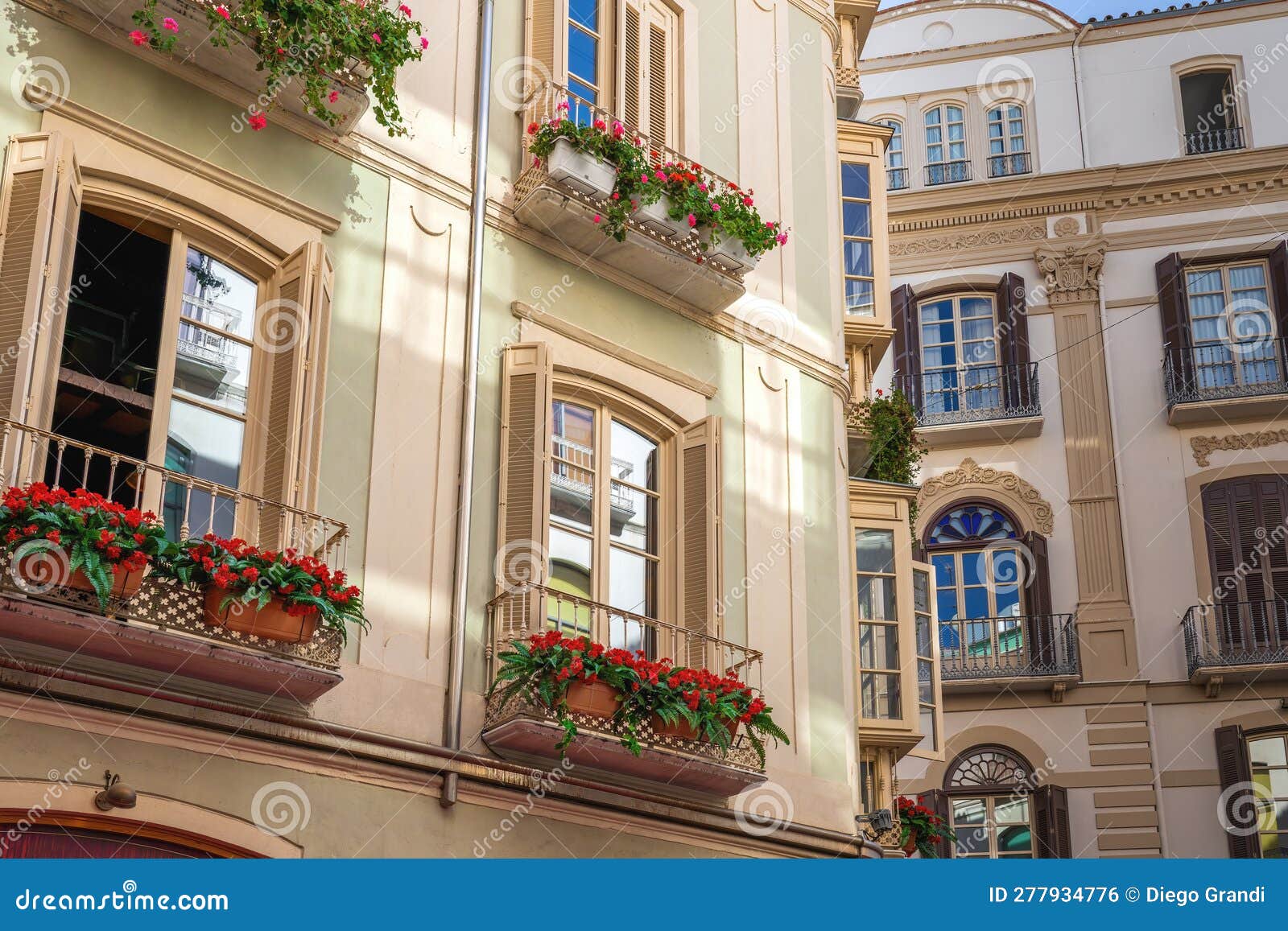 Building with Flower Window Boxes - Malaga, Andalusia, Spain Stock ...