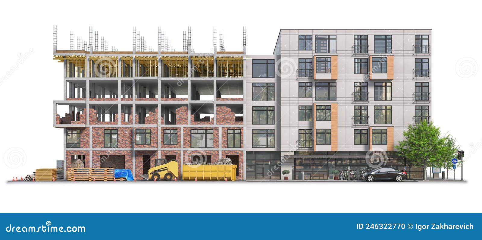 Building In Half Of Construction With A Finished Building Facade On ...