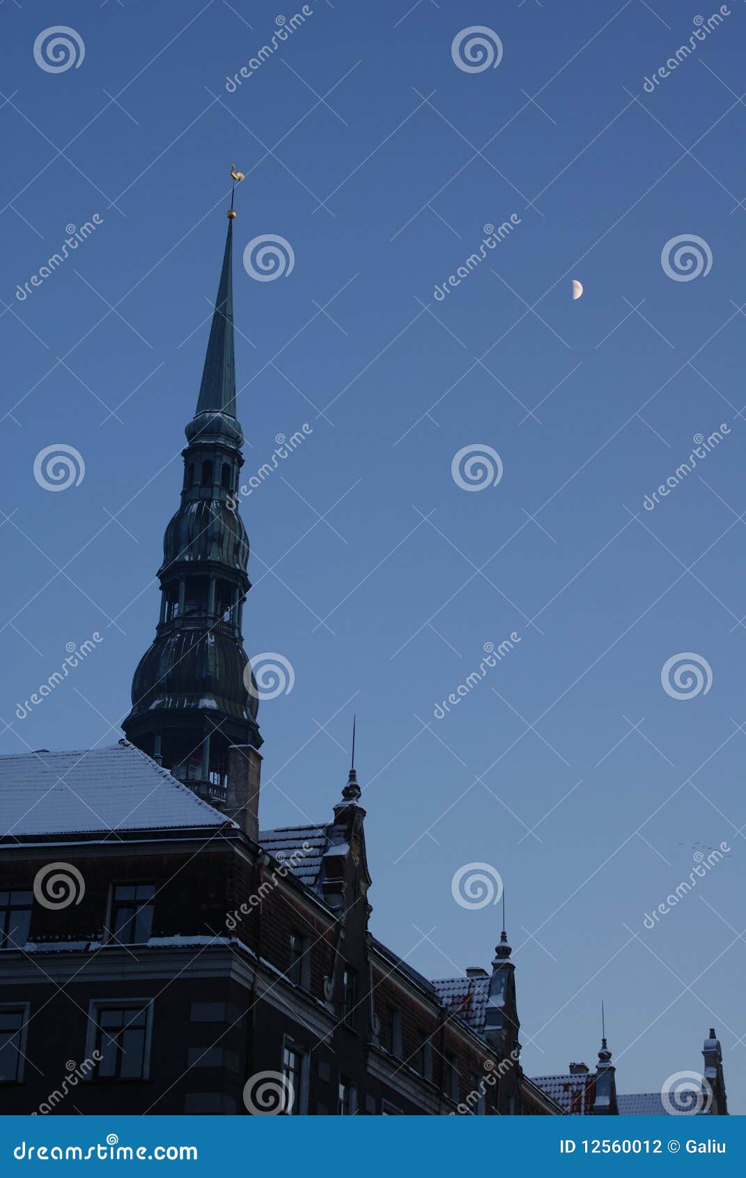 Building and Half Moon in the Evening Stock Photo - Image of winter ...