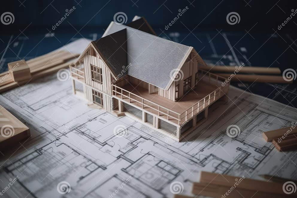 Building House on Blueprints - Construction Project. Generative AI ...