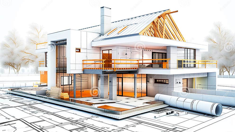 Building House on Blueprints - Construction Project of a Modern House ...