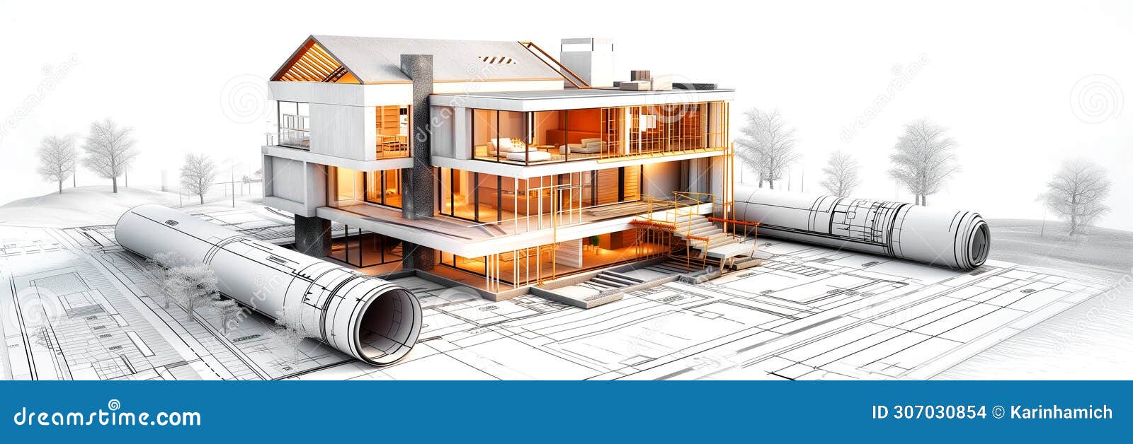 Building House on Blueprints - Construction Project of a Modern House ...