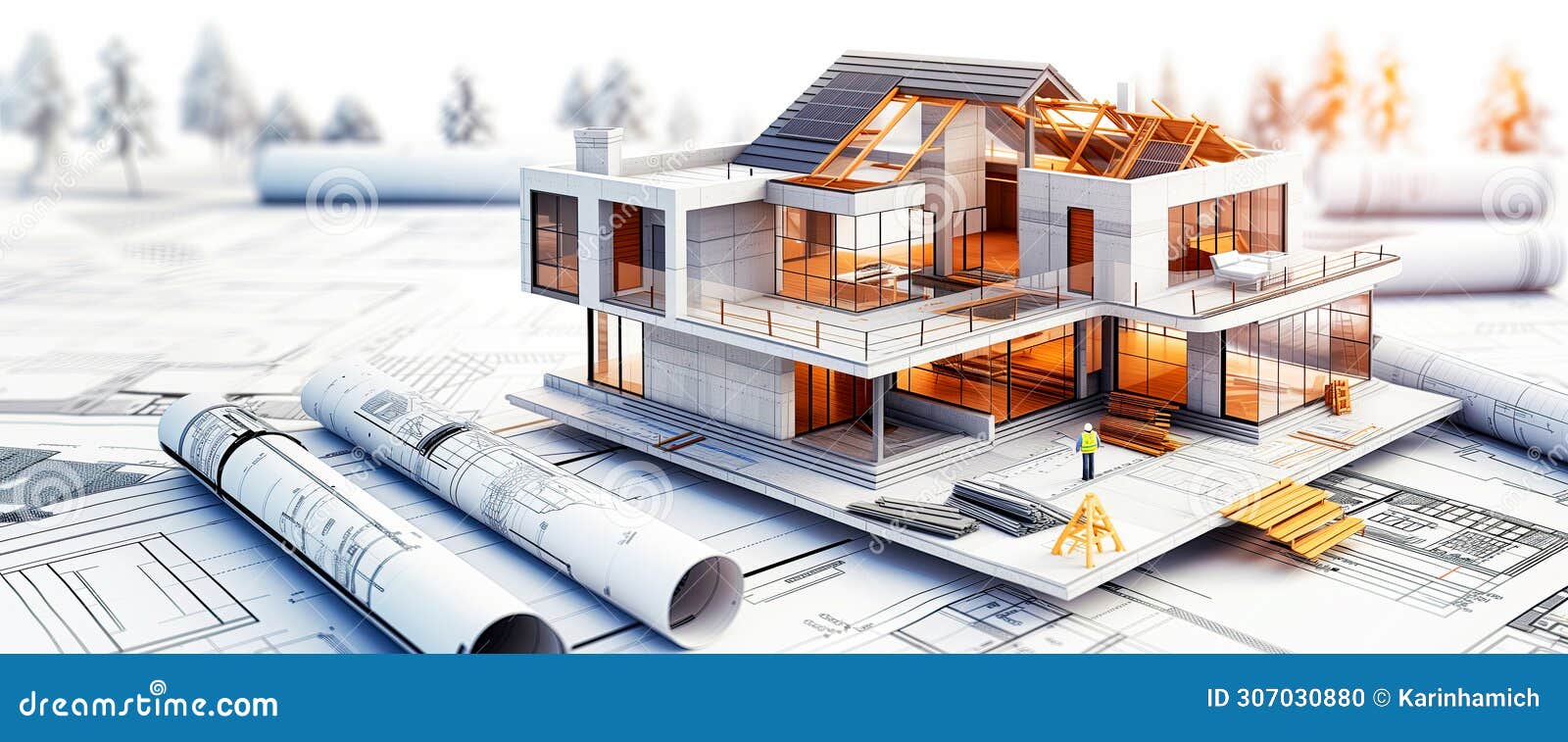 Building House on Blueprints - Construction Project of a Modern House ...