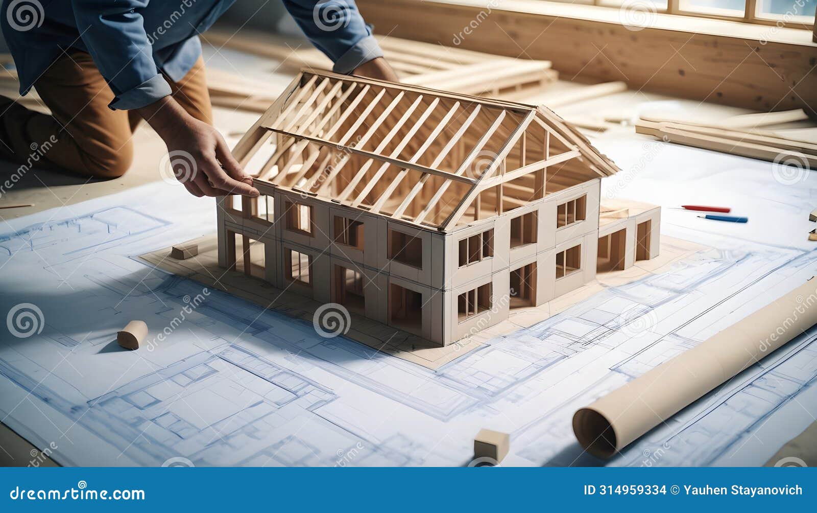 Building House on Blueprints with Worker Stock Illustration ...