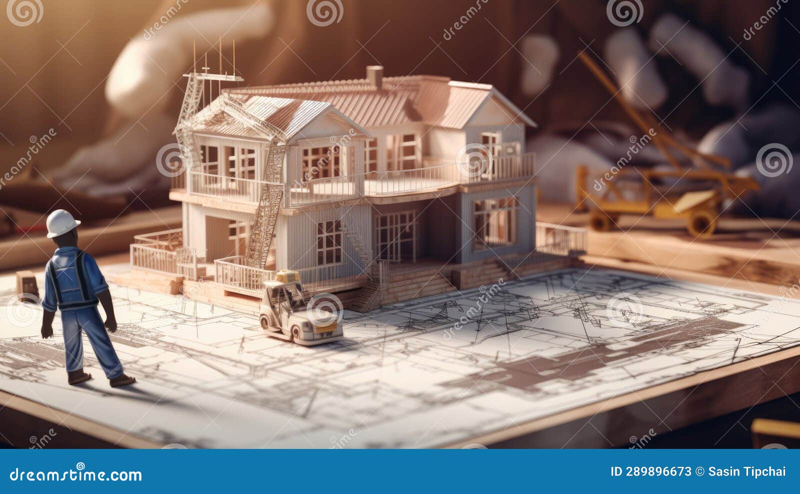 Building House on Blueprints with Worker - Construction Project Stock ...