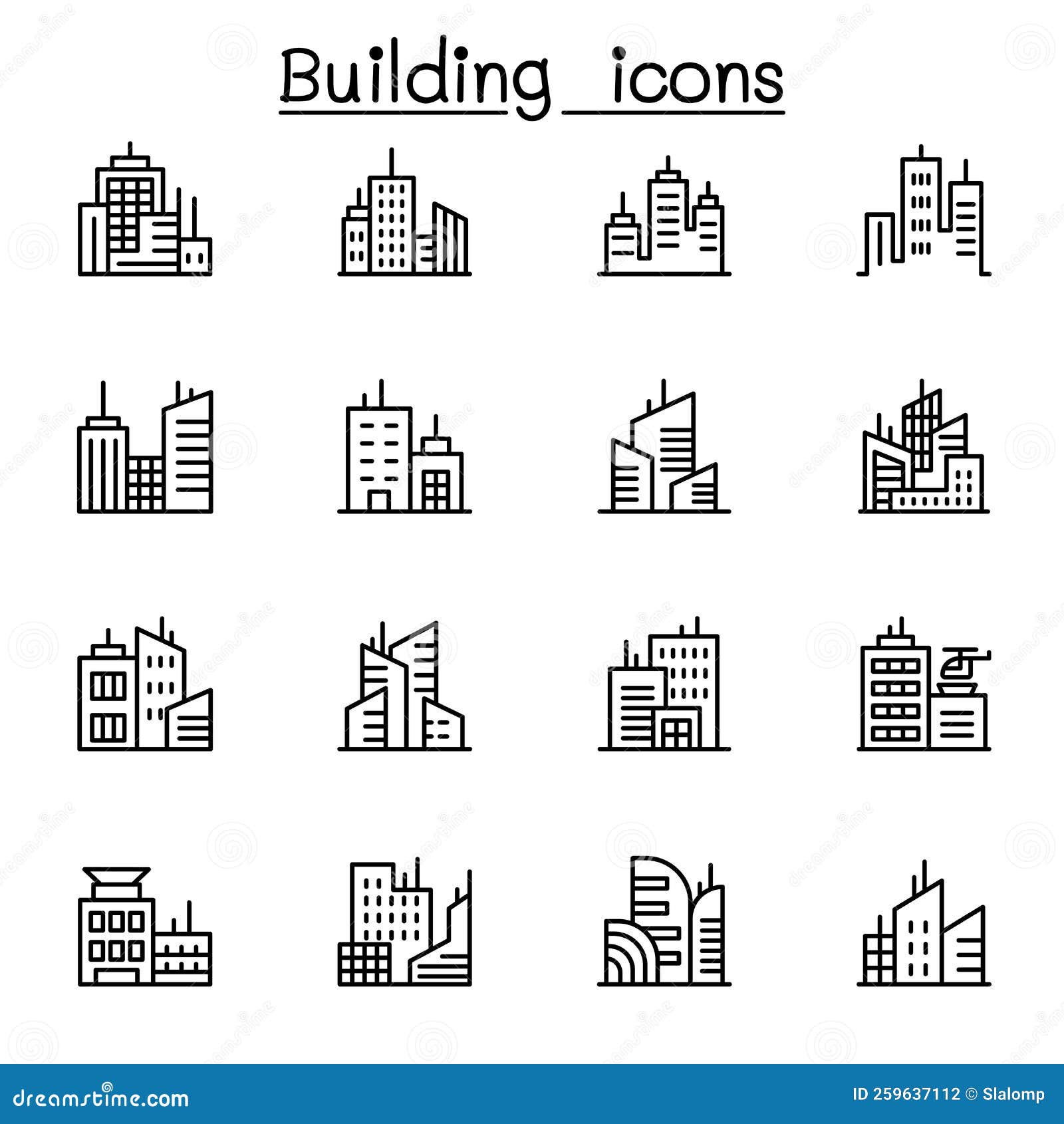 Building Icon Set in Thin Line Style Stock Vector - Illustration of ...