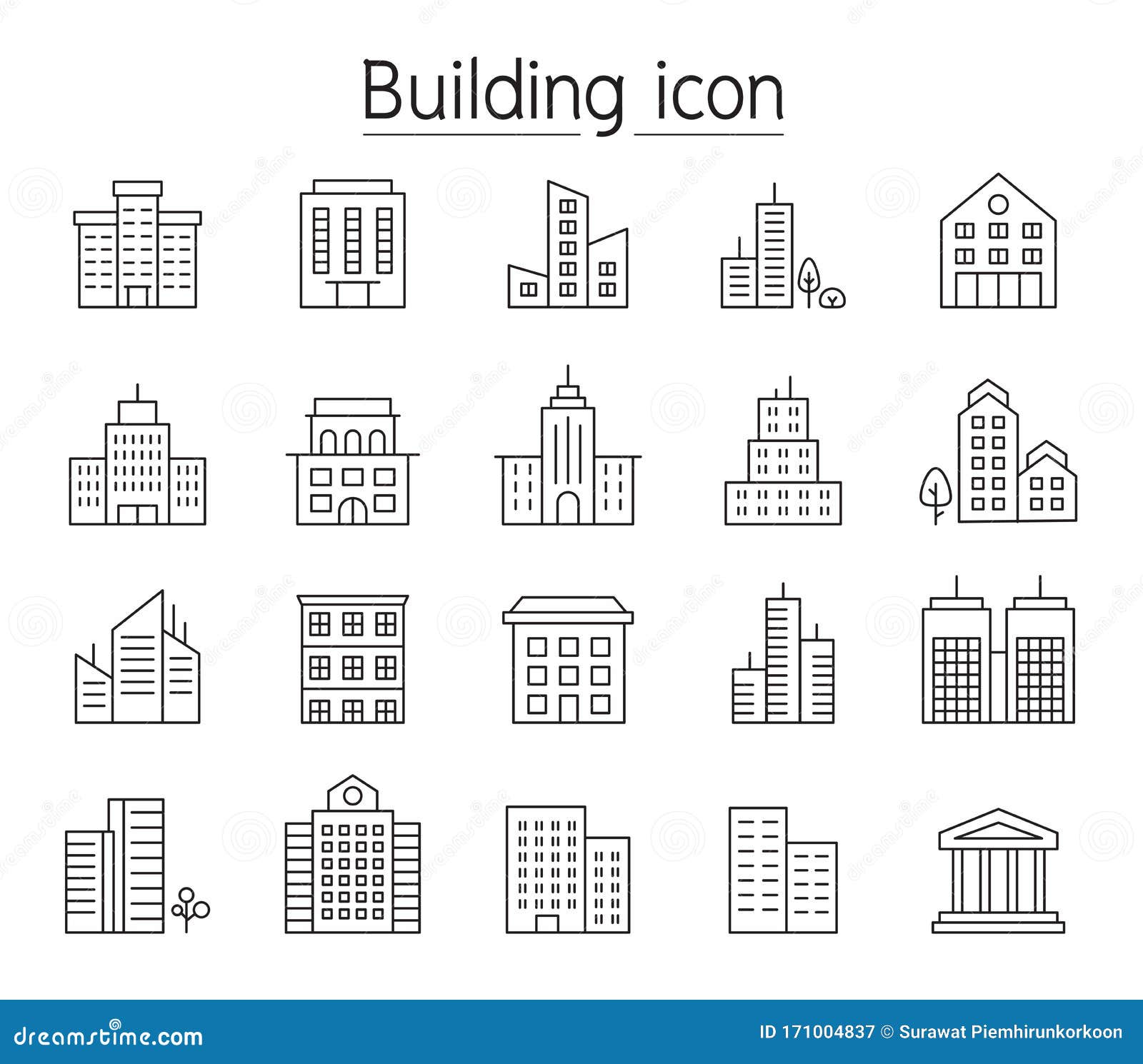 Building Icon Set in Thin Line Style Stock Vector - Illustration of ...
