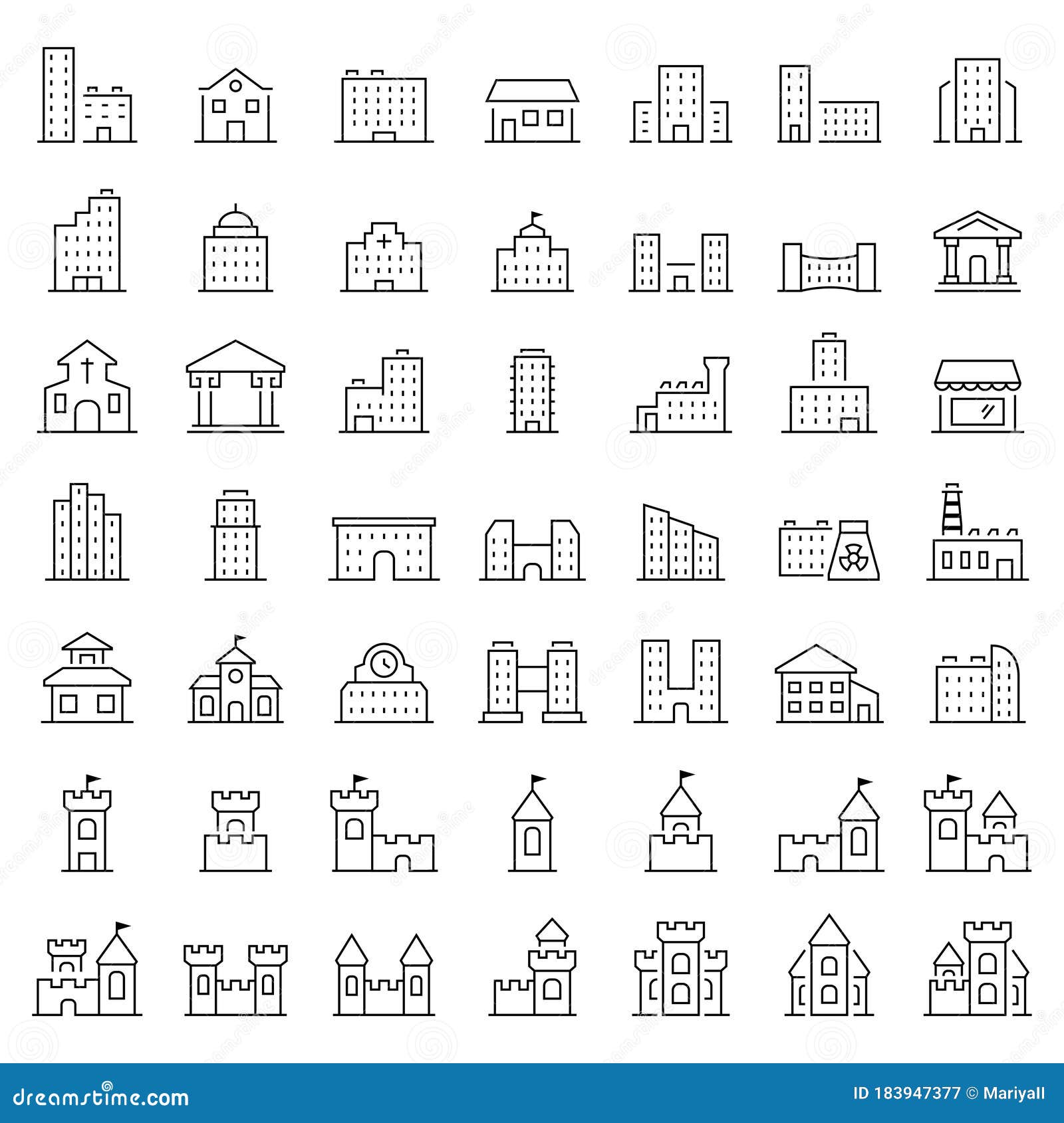 Building Icon Set in Thin Line Style. Vector Symbols Stock Vector ...