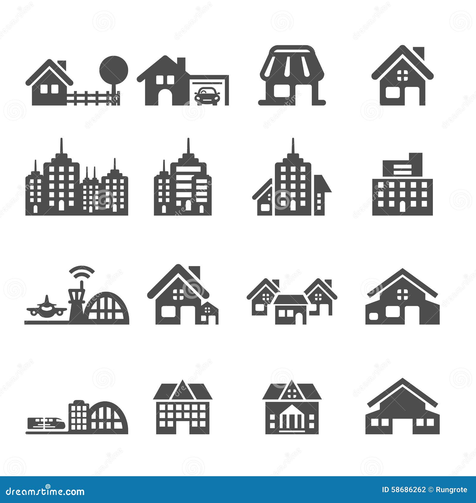 Building Set Icon. House Silhouette Symbol Group. Home Black Shape Sign ...