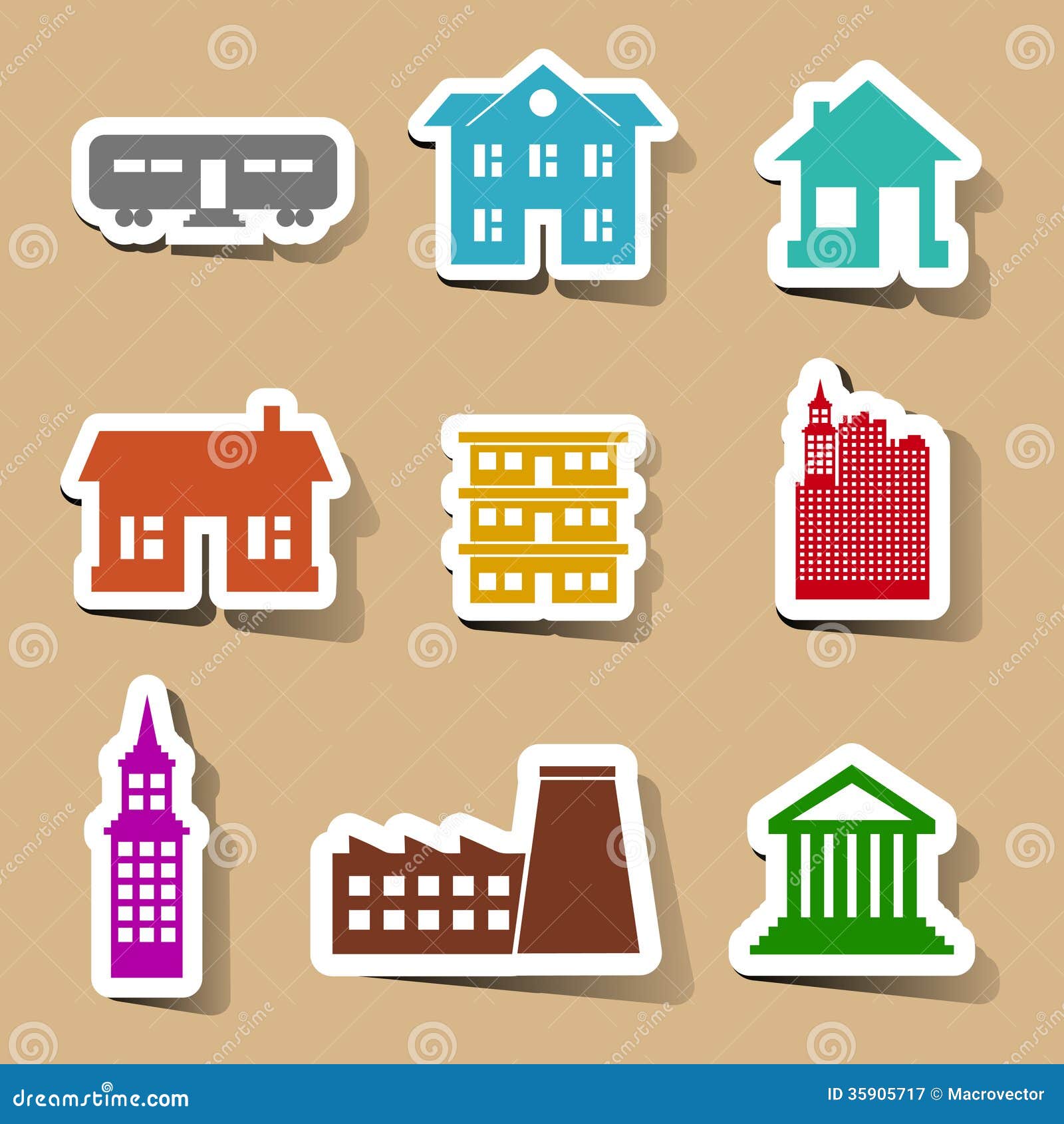 Building Icons Set on Color Stickers Stock Vector - Illustration of ...