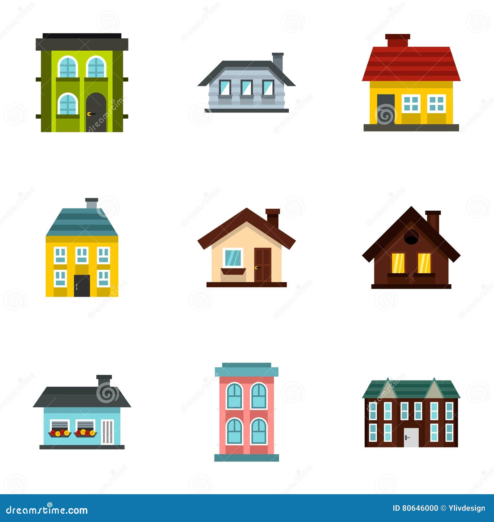 Building Icons Set, Flat Style Stock Vector - Illustration of exterior ...
