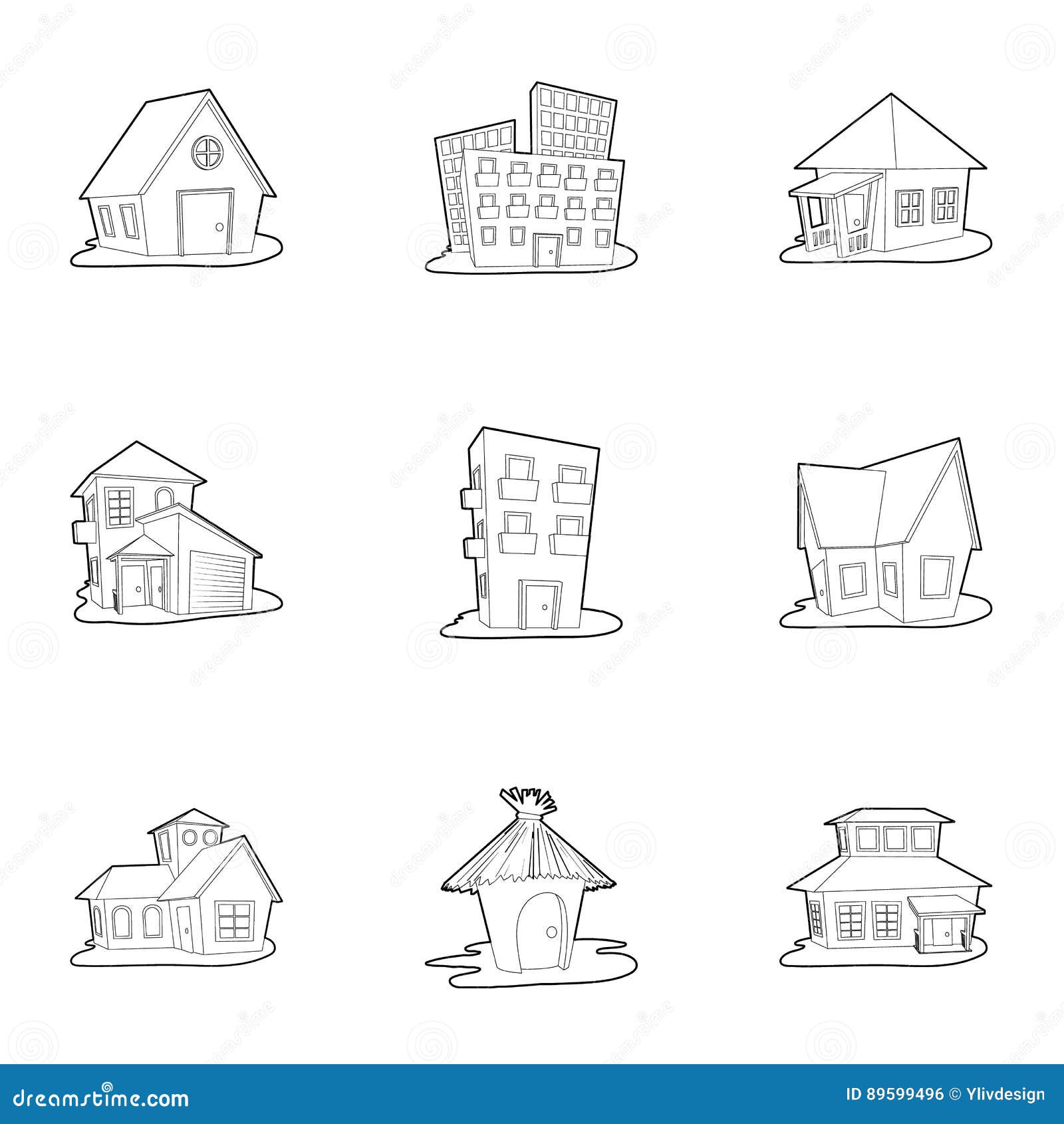 Building Icons Set, Outline Style Stock Vector - Illustration of ...