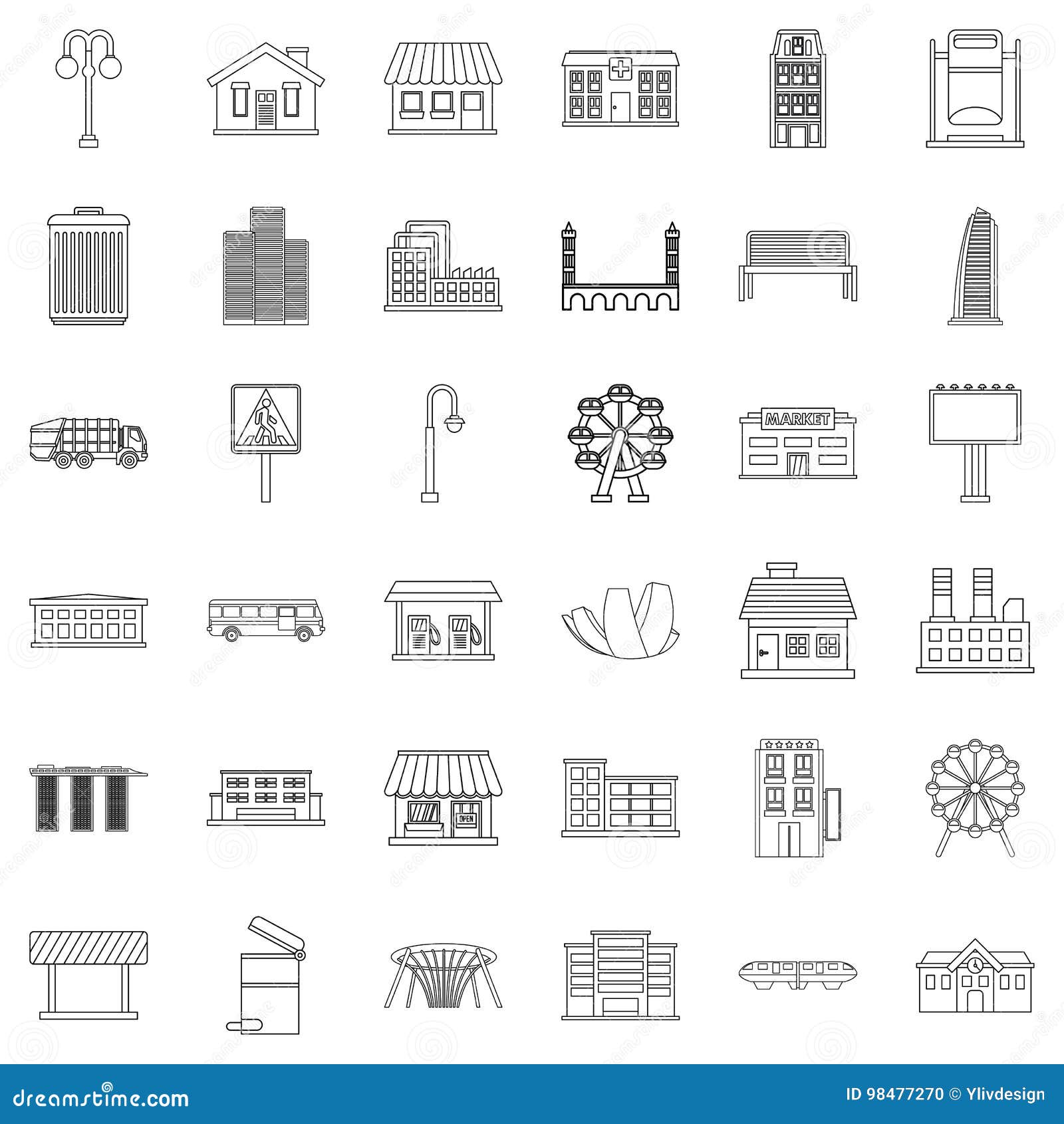 Building Icons Set, Outline Style Stock Vector - Illustration of ...