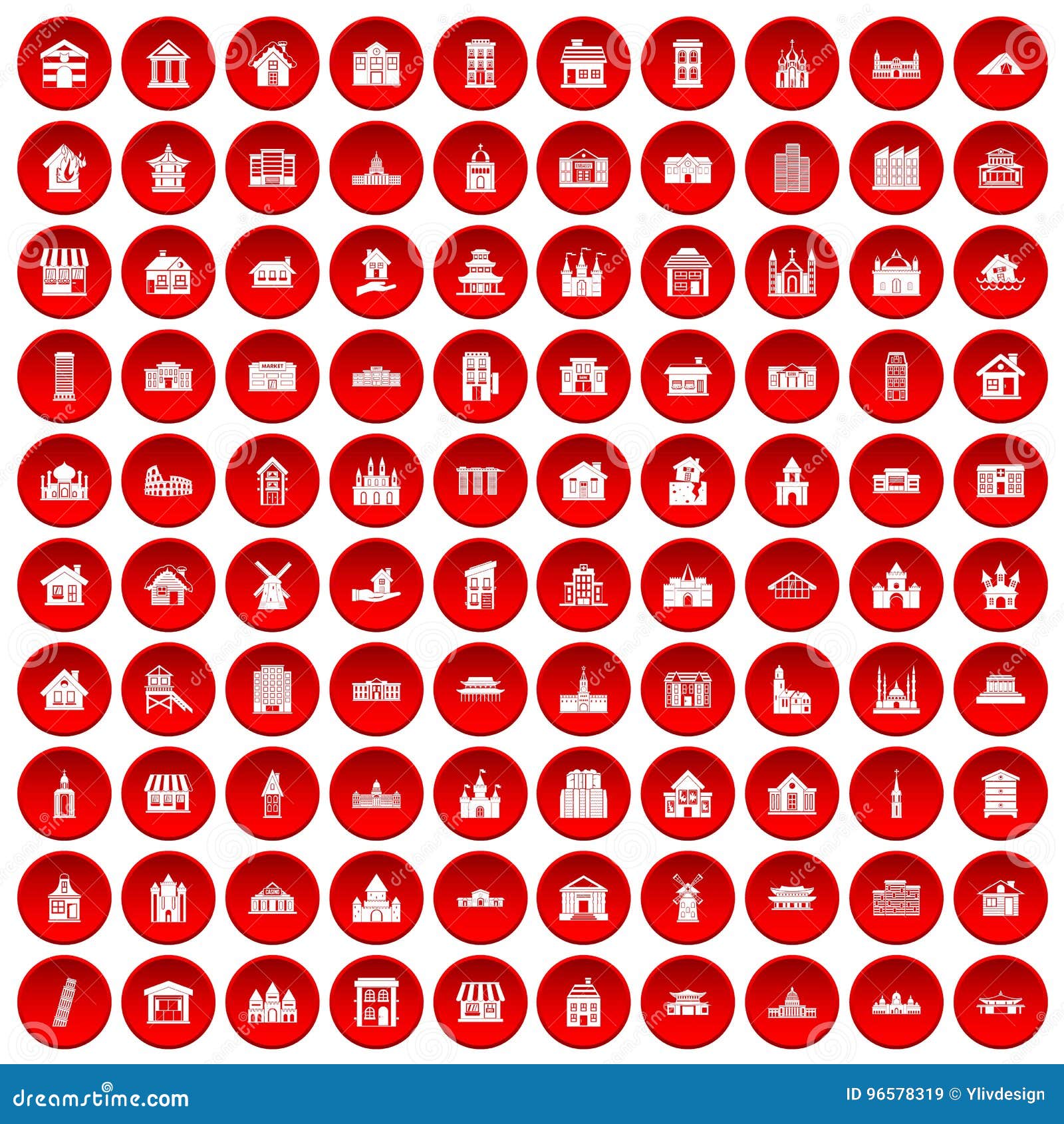 100 building icons set red stock vector. Illustration of castle - 96578319