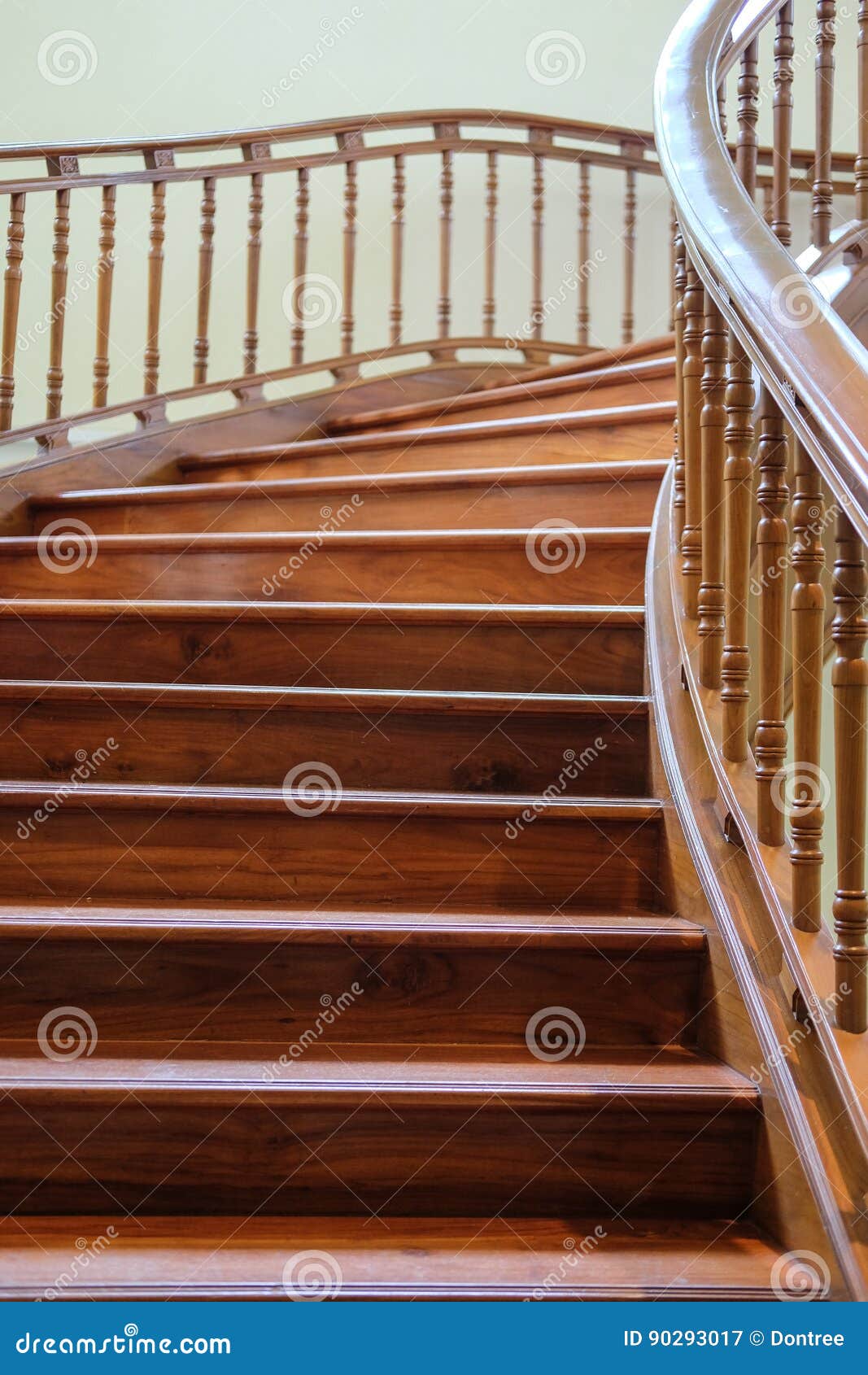 Staircase Wooden With Wooden Handrails On White Wall In Modern Home ...