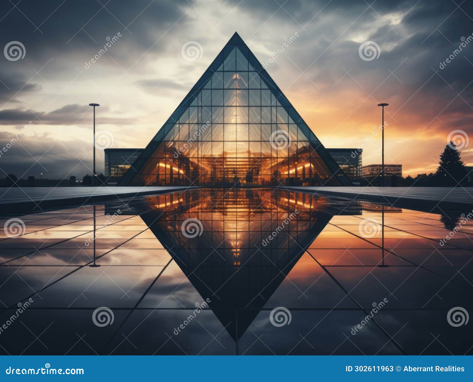 A Building with a Large Triangular Shaped Window at Sunset Stock ...