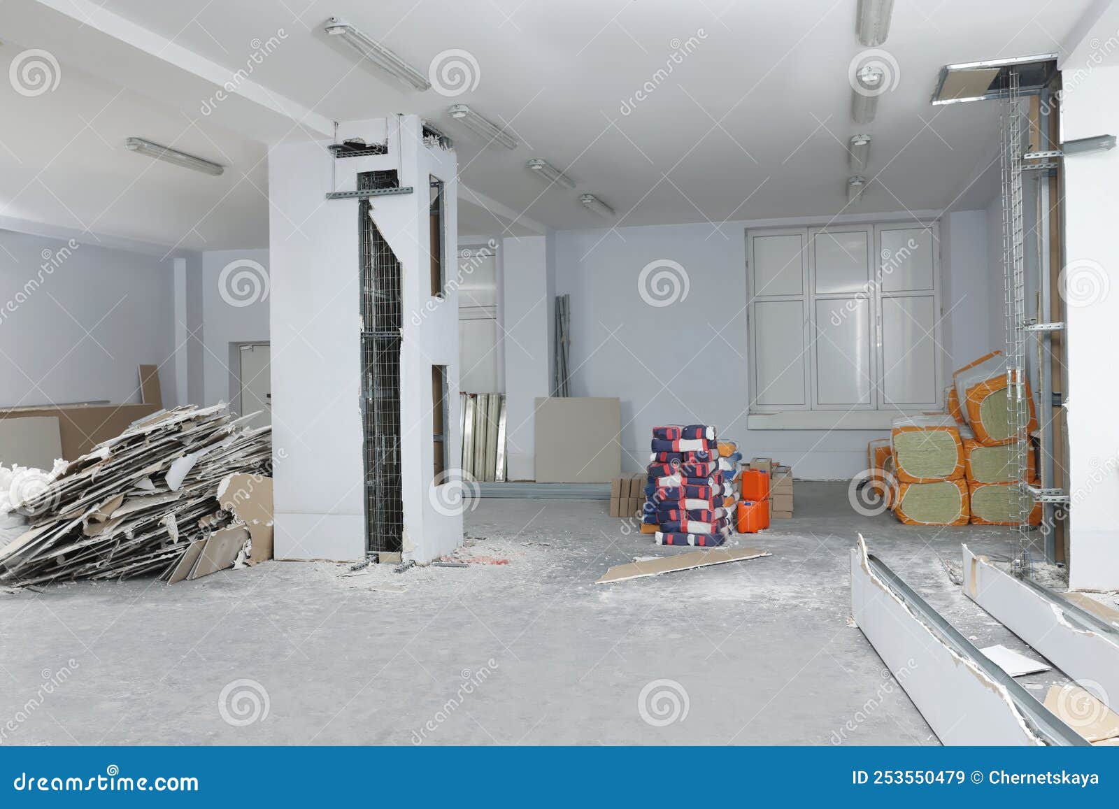 Building Materials in Messy Room Prepared for Renovation Stock Image ...
