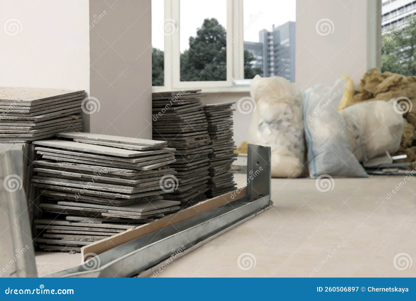 Building Materials in Room Prepared for Renovation Stock Image - Image ...