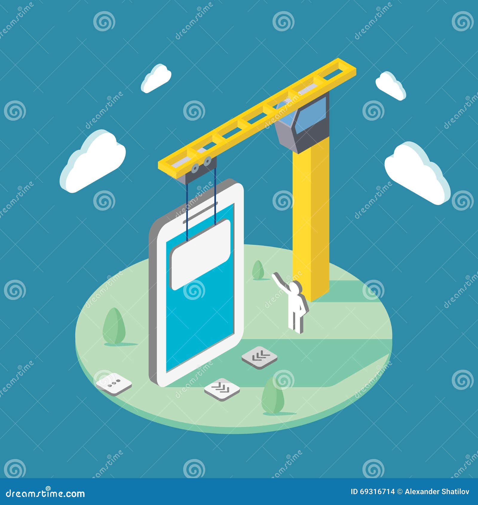 Building Mobile Applications Using a Crane. Isometric Illustration ...
