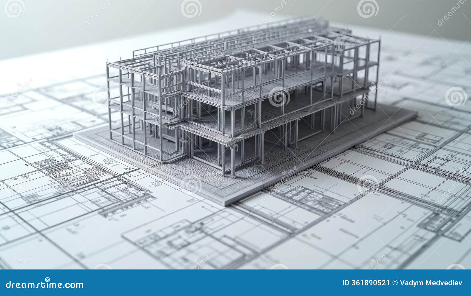 Building Model Lies on Blueprint Project Plan. Architectural Design ...