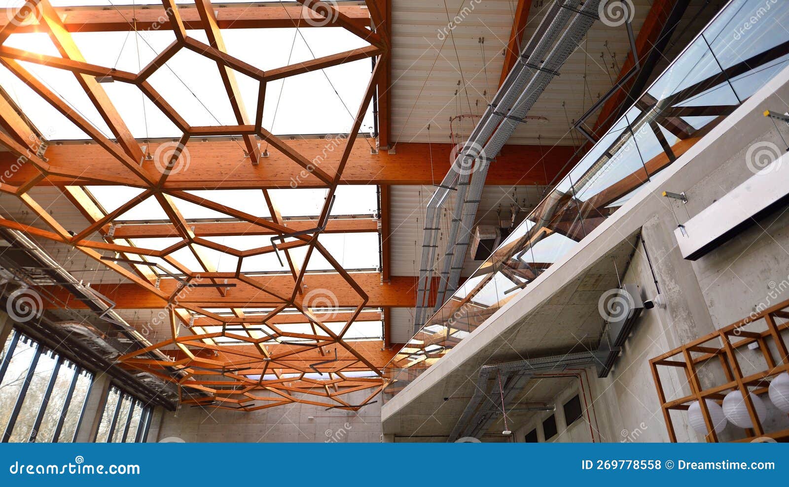 Wooden ceiling structure. stock photo. Image of steel - 269778558