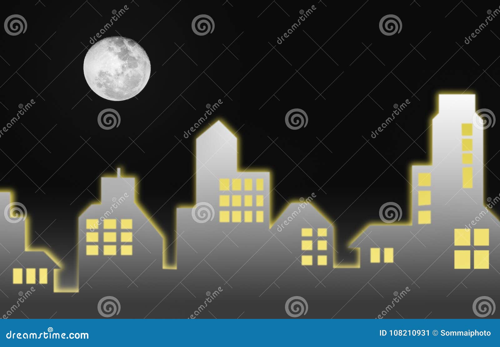 Building and Moon in the City Stock Illustration - Illustration of back ...