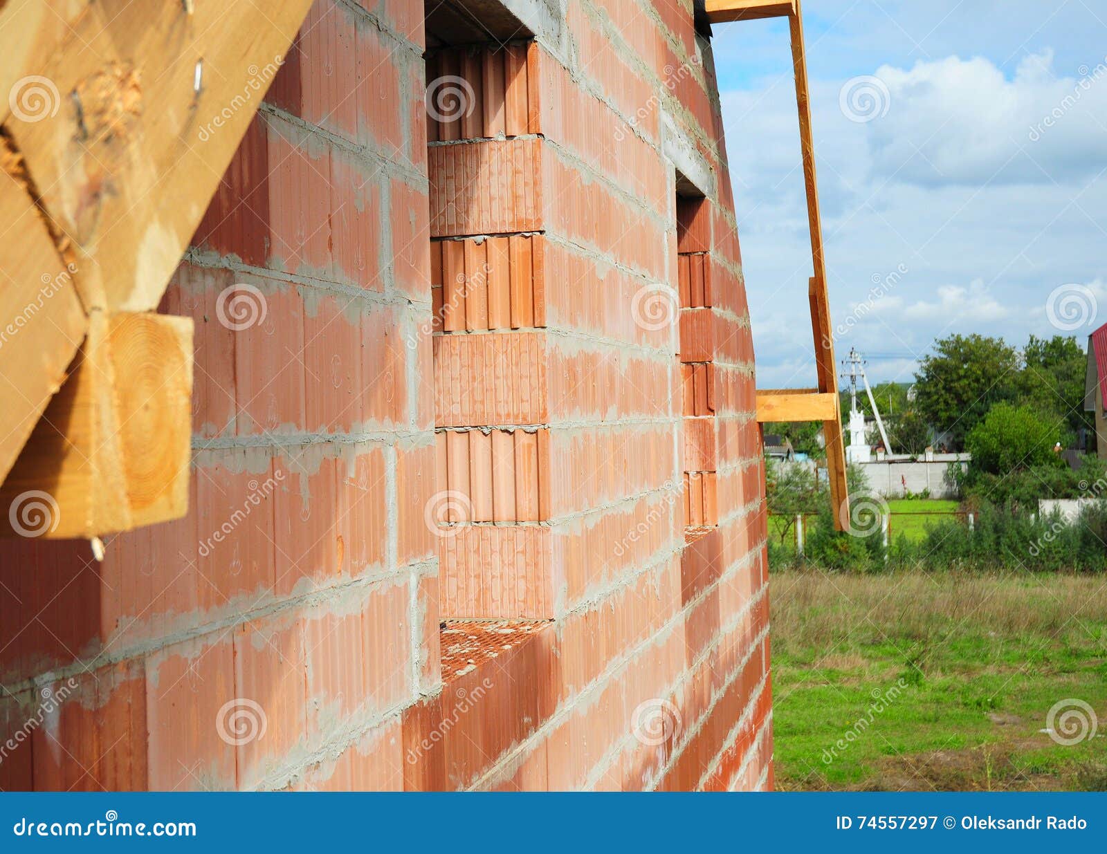 Building New House from Ceramic Blocks Facade Wall with Windows Frame ...