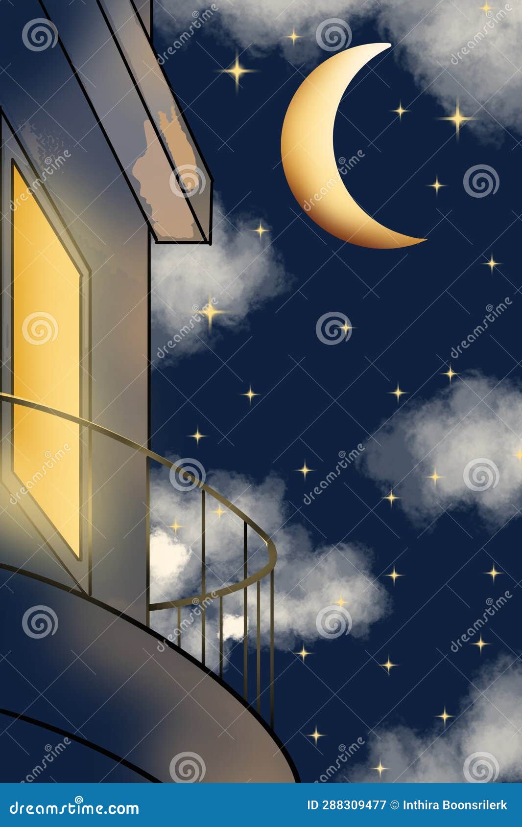 Building at Night with the Moon Stock Illustration - Illustration of ...