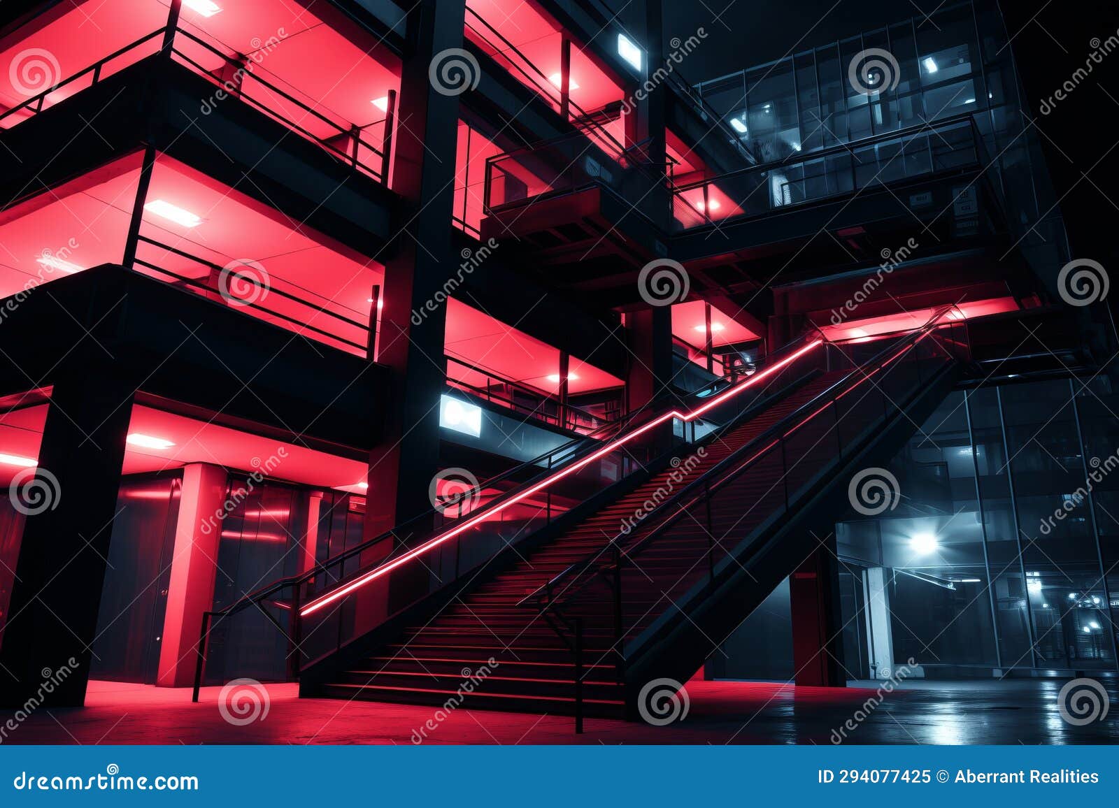 A Building at Night with Red Lights on the Stairs Stock Illustration ...