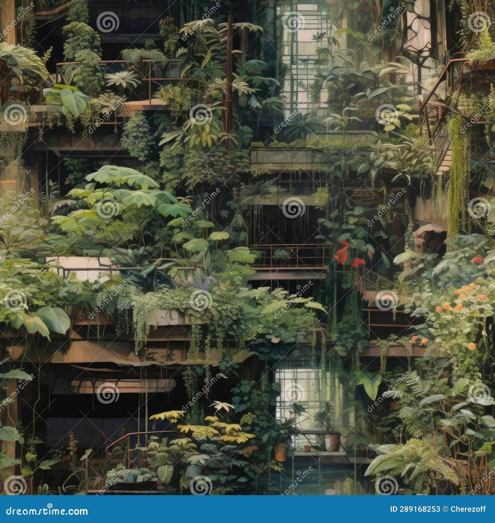 The Building is Overgrown with Plants Stock Illustration - Illustration ...