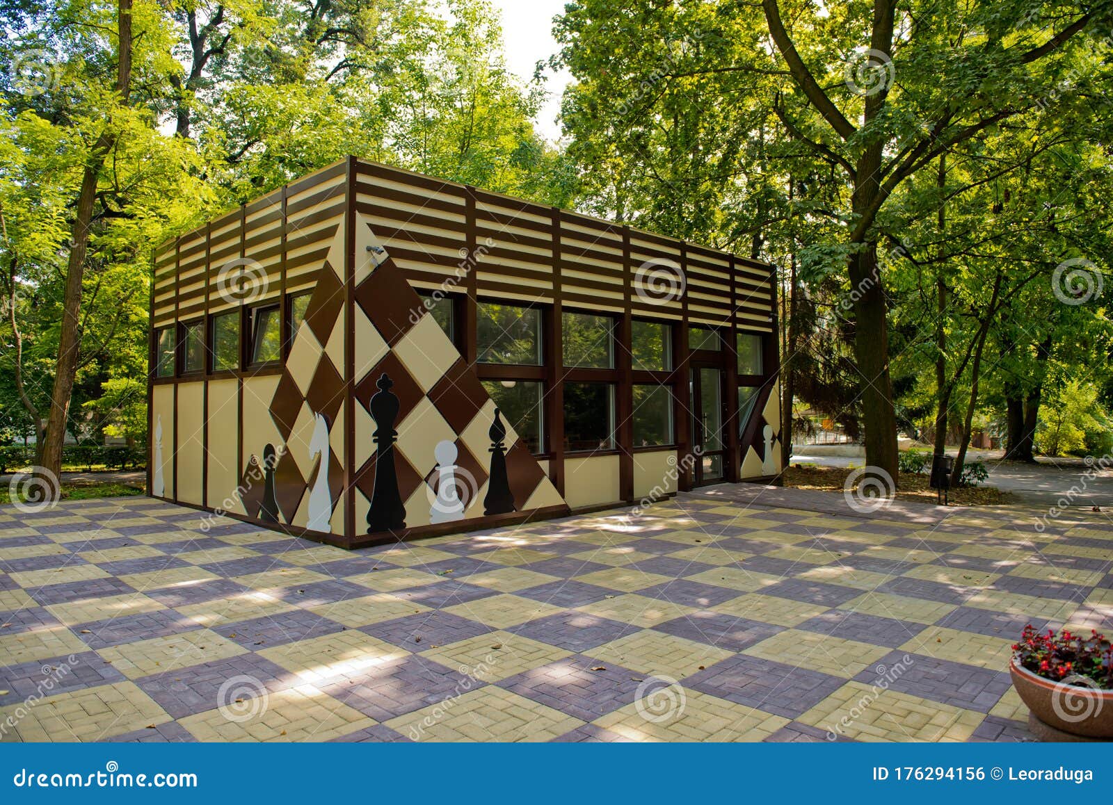 The Building in the Park is Stylized Under a Chessboard and Decorated ...