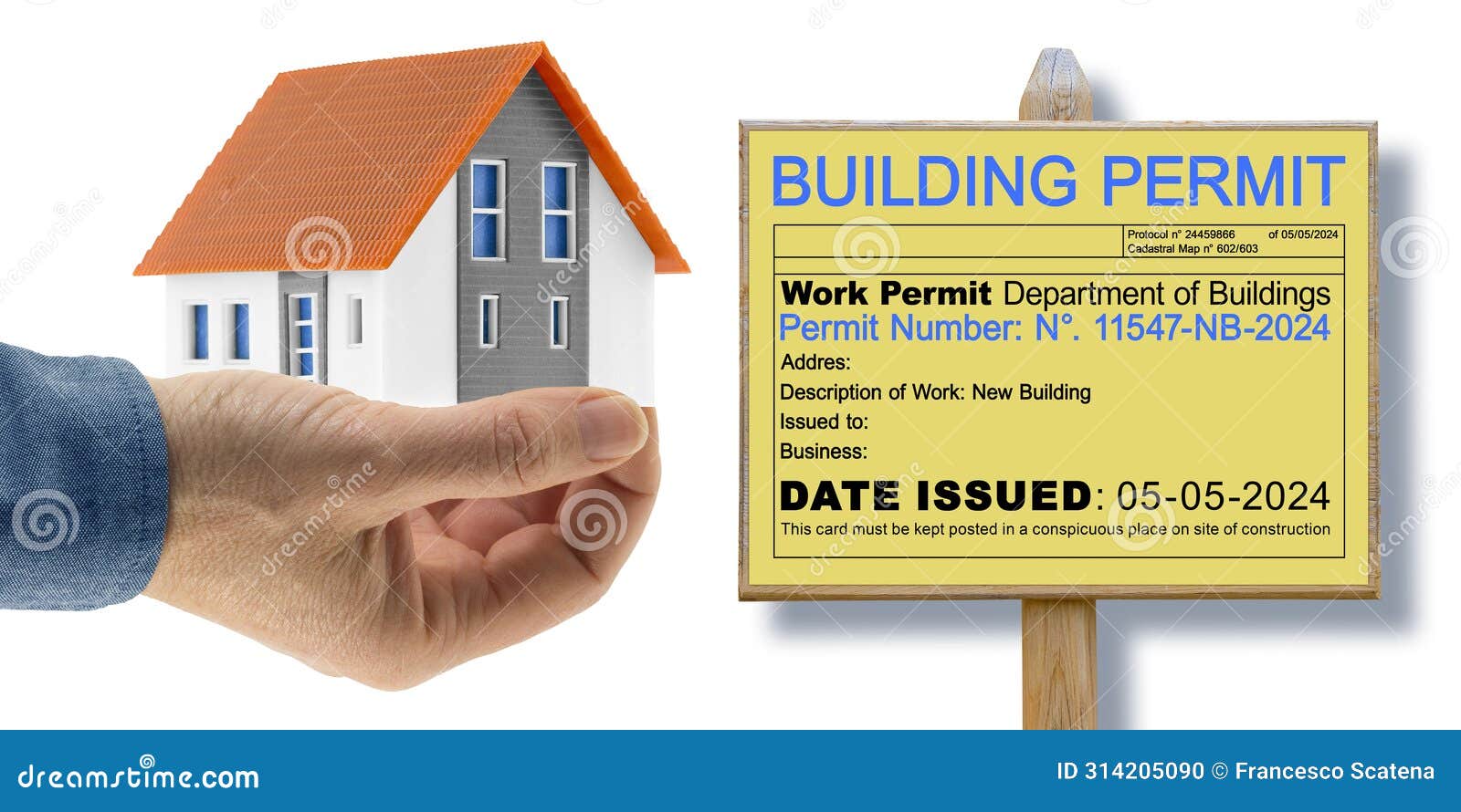 Building Permit Concept with Home Model and Placard with Imaginary Work ...