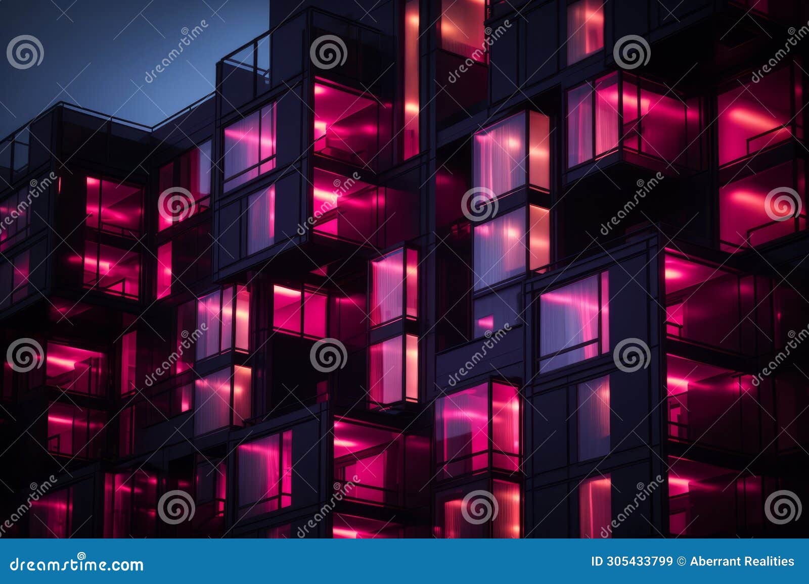 A Building with Pink Lights on it at Night Stock Illustration ...
