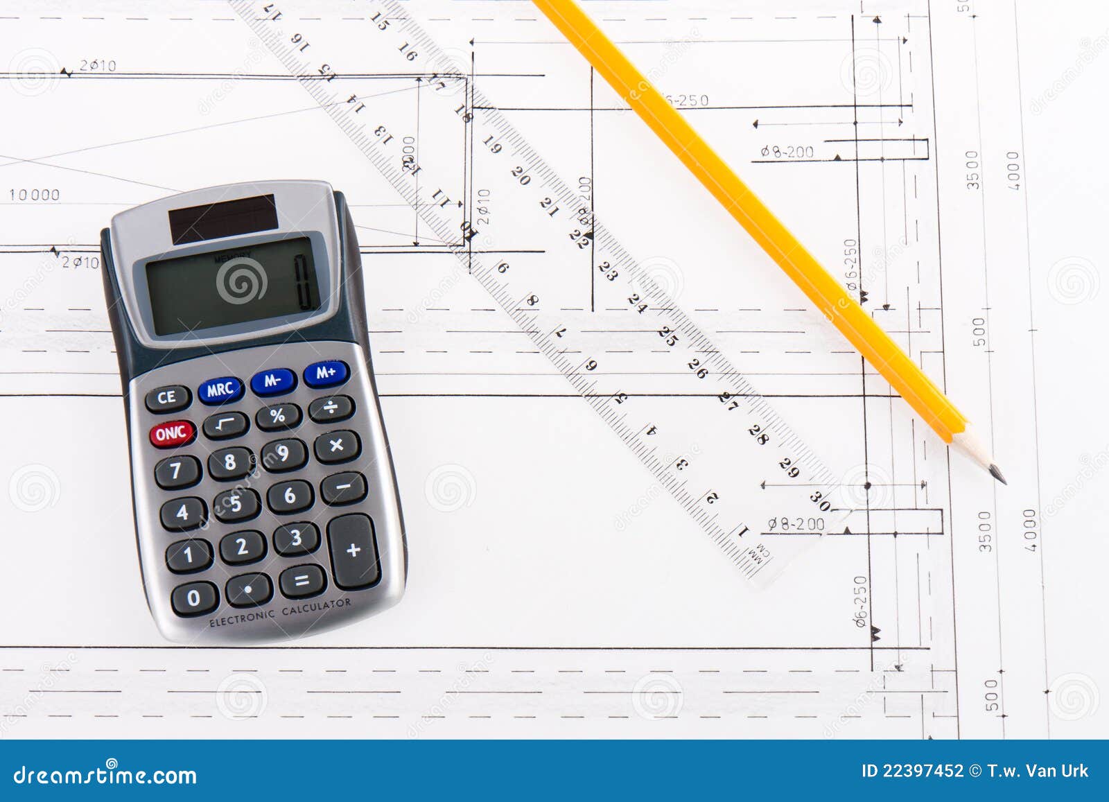 Building Plan with Calculator, Ruler and Pencil Stock Photo - Image of ...