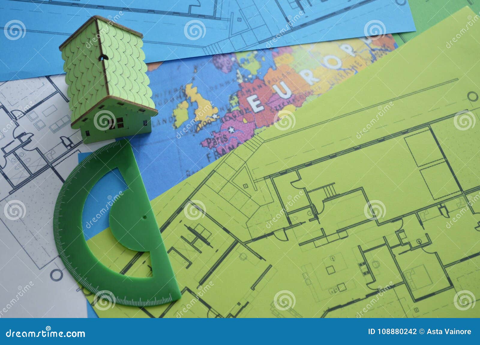 Building Plan with House Model and Floor Plan Stock Photo - Image of ...