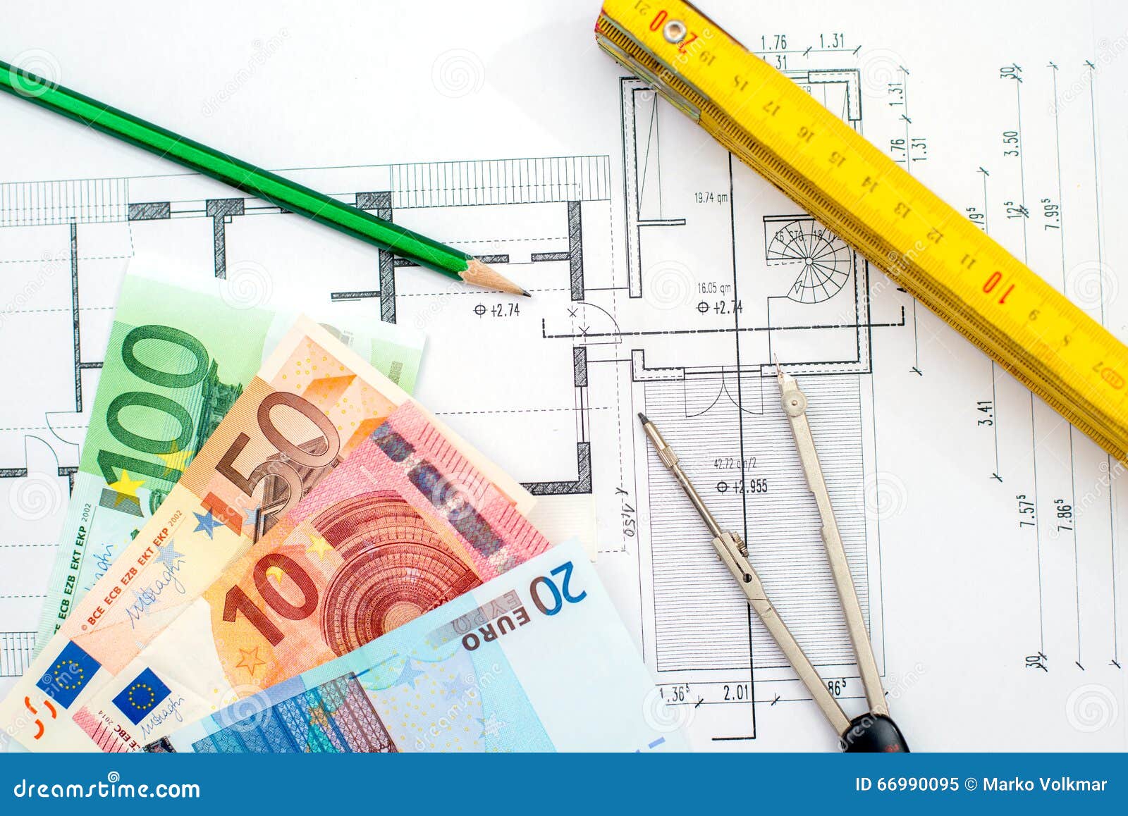 Pencil And Folding Ruler On Architectural Blueprint Floor Plan Royalty ...