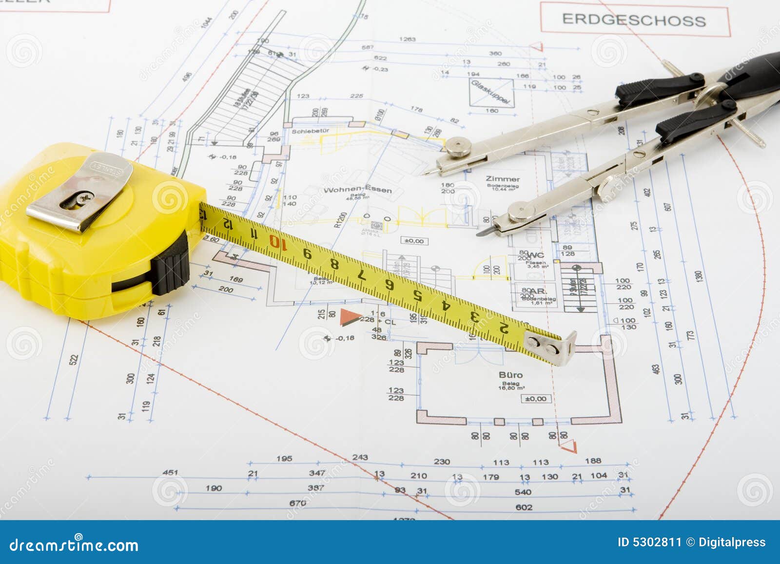 Building Plan with Pair of Compasses and Rolling M Stock Image - Image ...