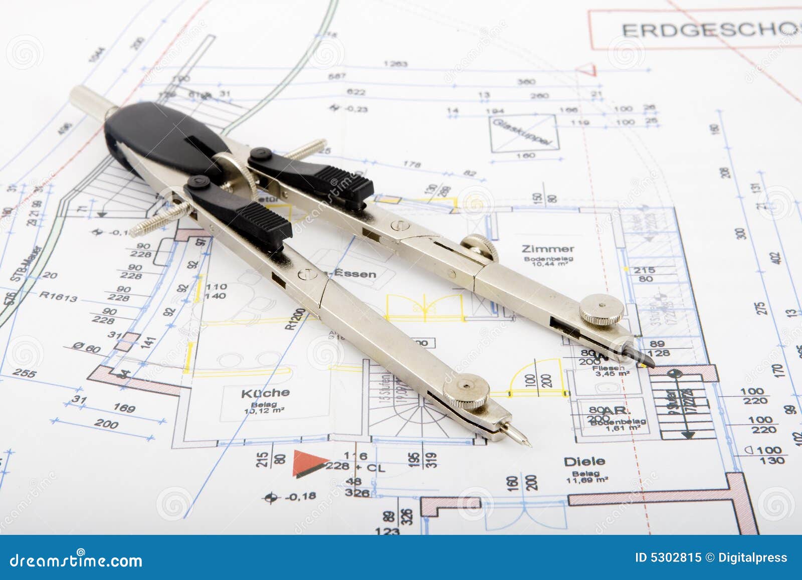 Building Plan with Pair of Compasses and Rolling M Stock Image - Image ...