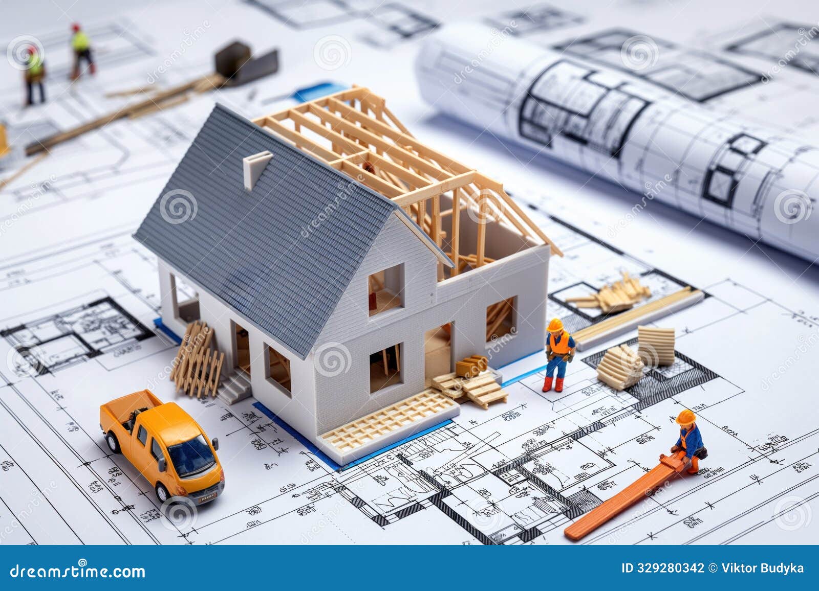 Building Plan on Paper with Workers Around Construction Site. Engineer ...