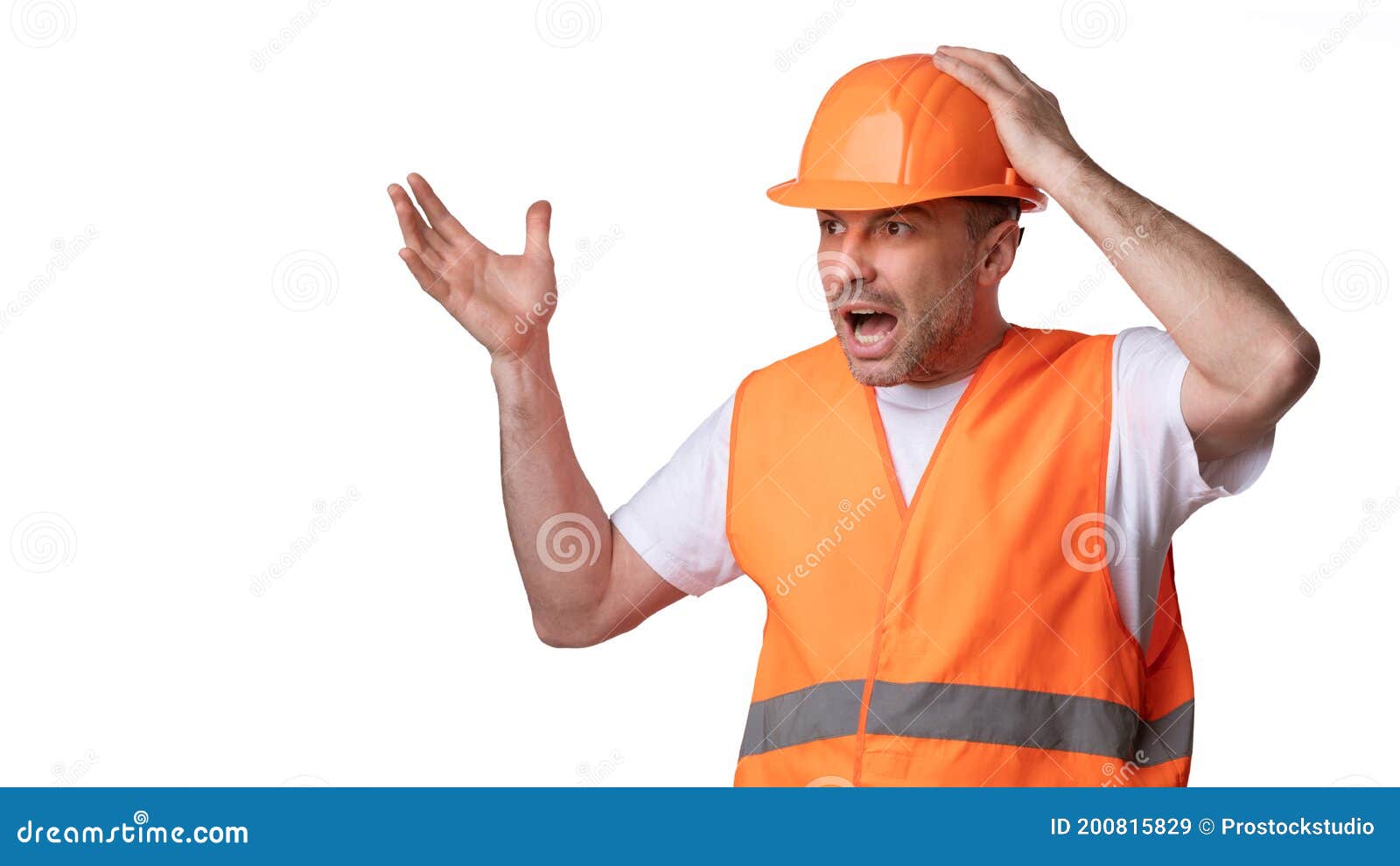 Angry Construction Worker Shouting Looking Aside Over White Background ...