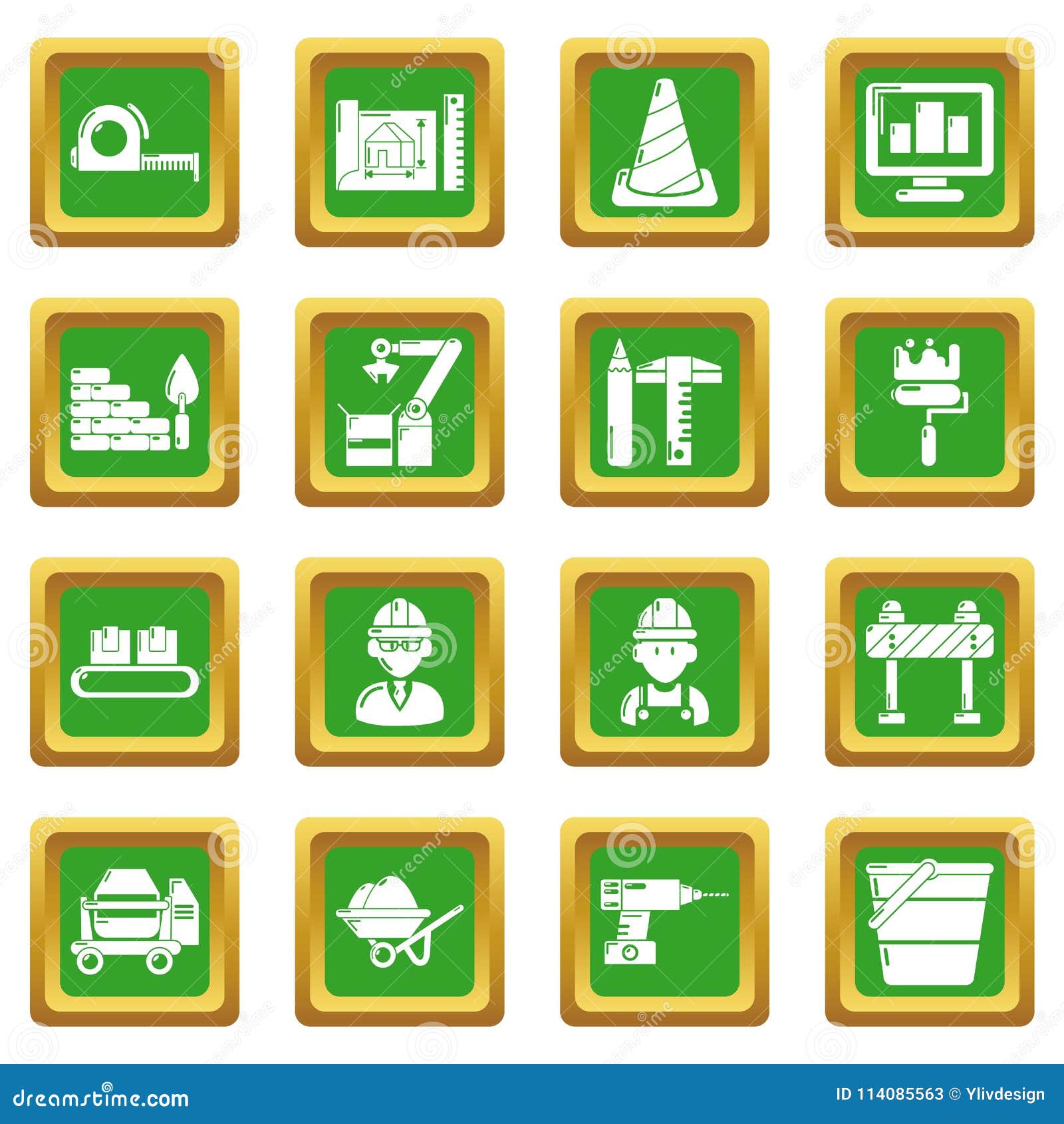 Building Process Icons Set Green Square Vector Stock Vector ...