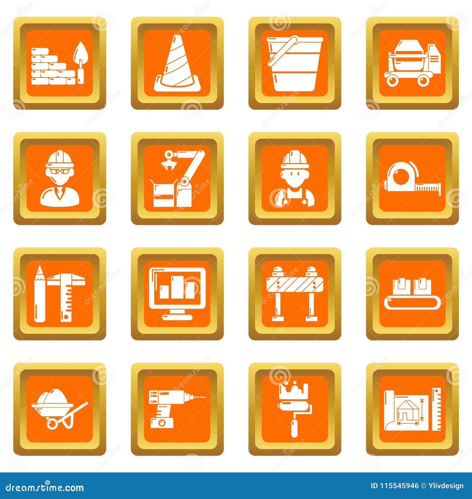 Building Process Icons Set Orange Square Vector Stock Vector ...