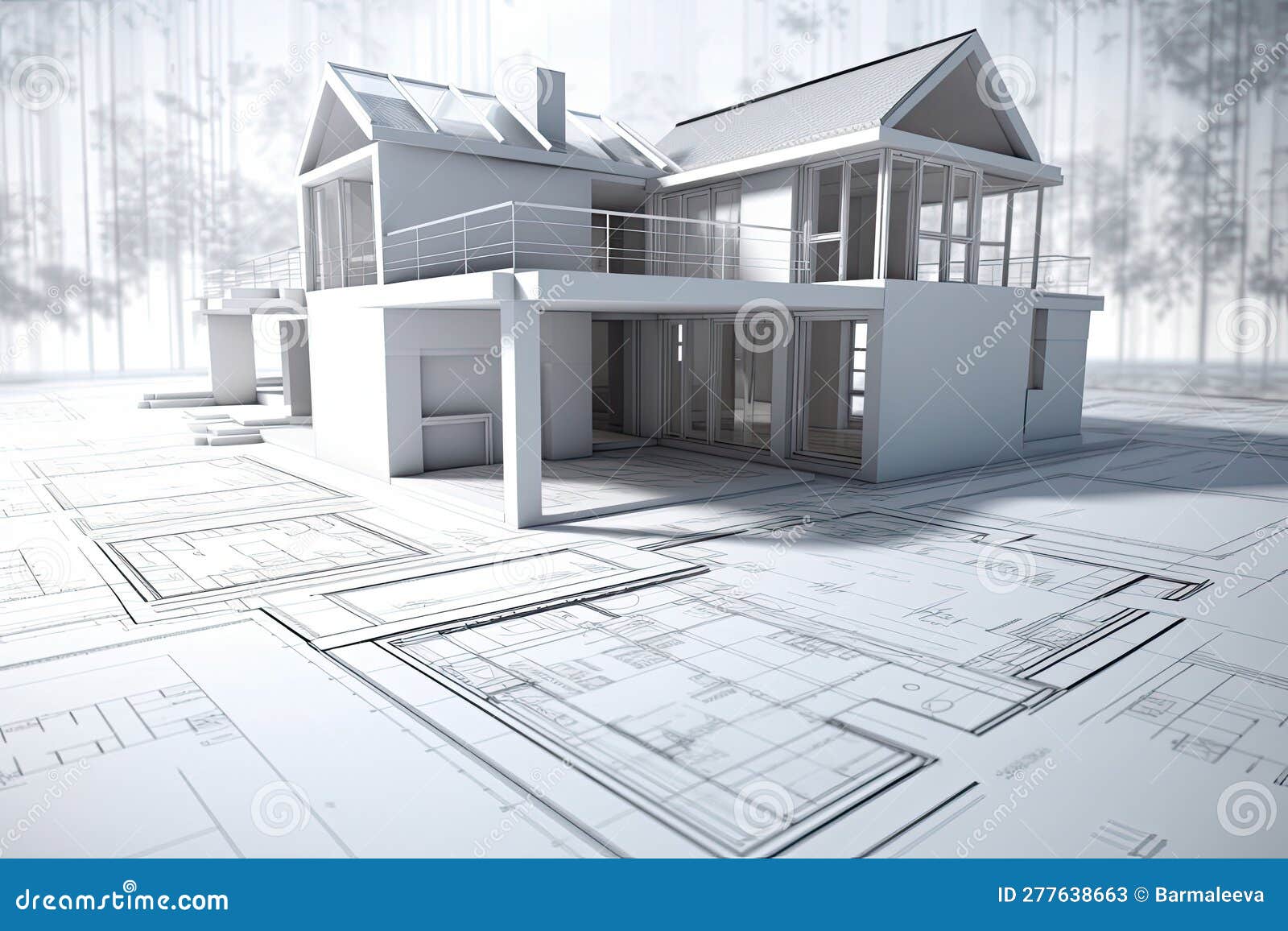 Building Project Plan. Blueprint of a Modern House with 3d Model Stock ...