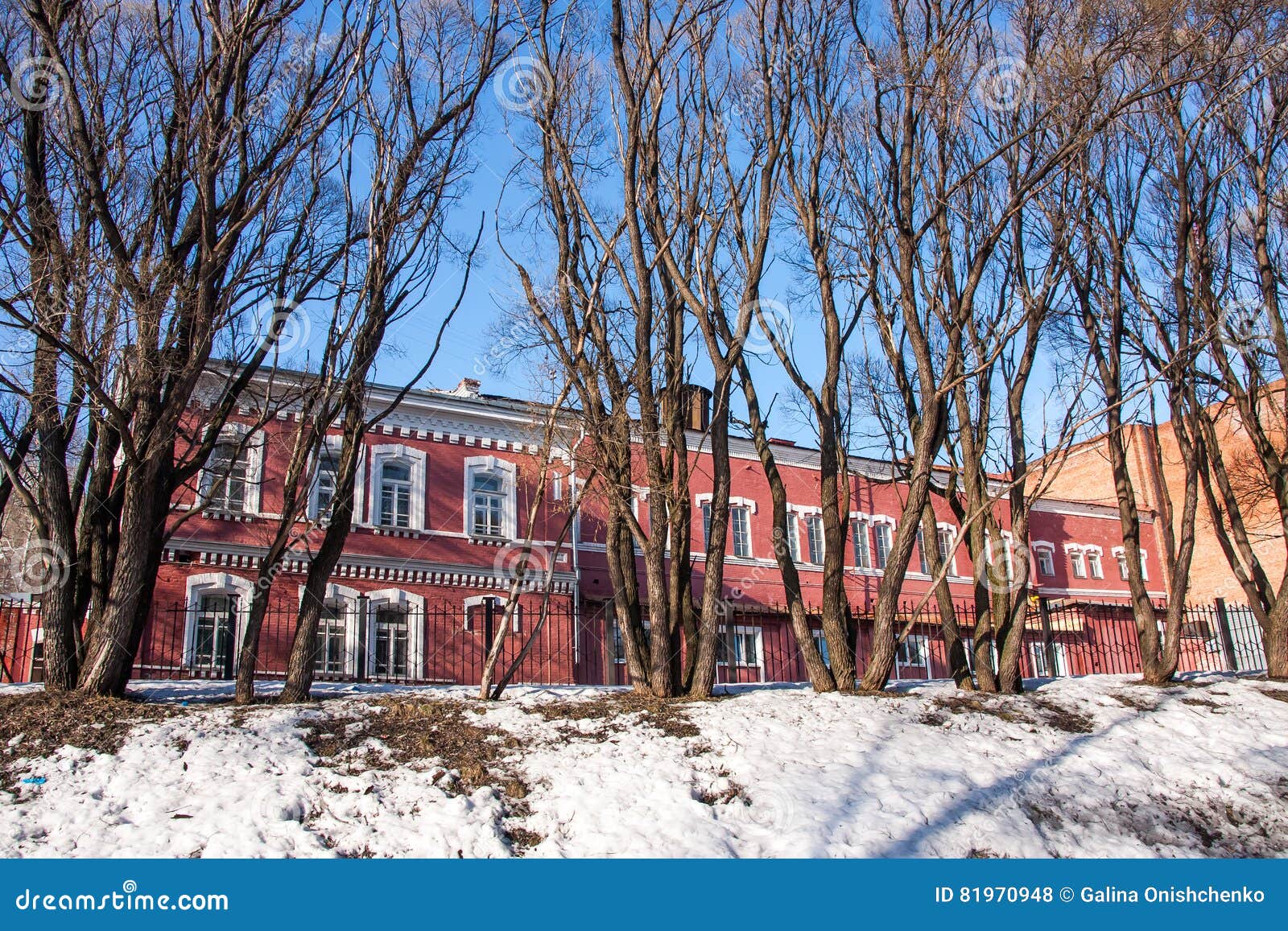 Building from a Red Brick in Park Stock Photo - Image of facade, perm ...