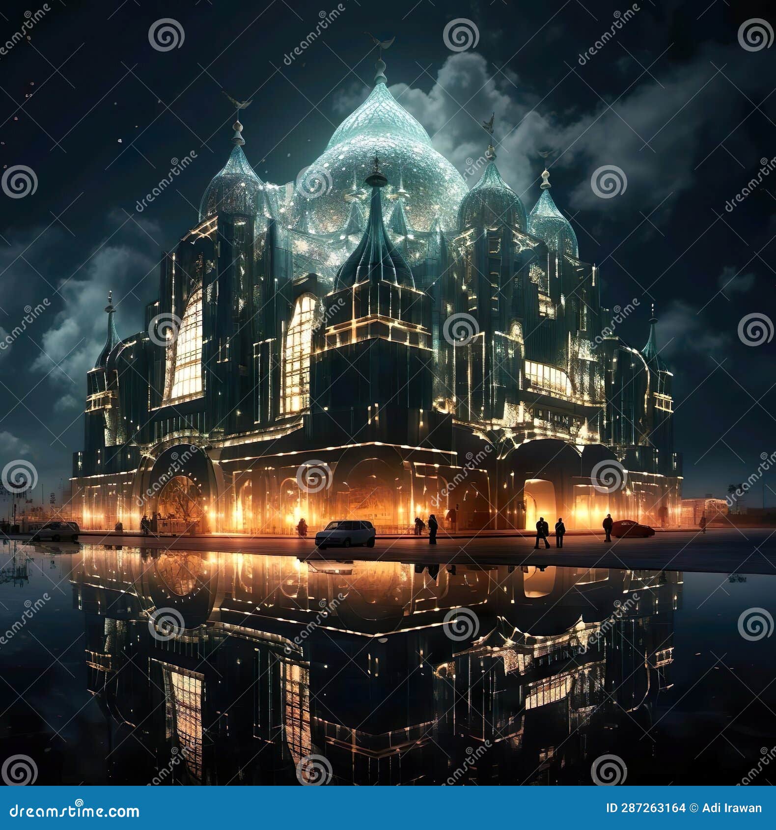 A Building with a Reflection of a Building in the Water at Night Stock ...