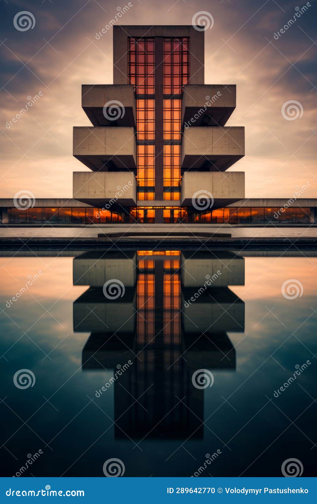 Building with Reflection of it in the Water at Sunset. Generative AI ...