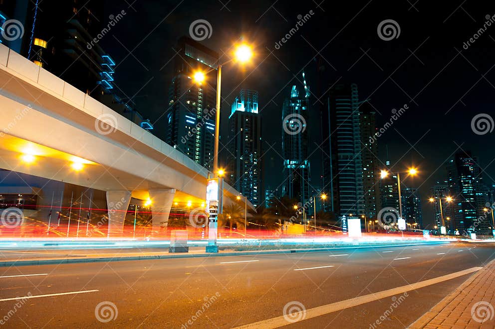 Building and Road at Night in Dubai Stock Image - Image of tower ...
