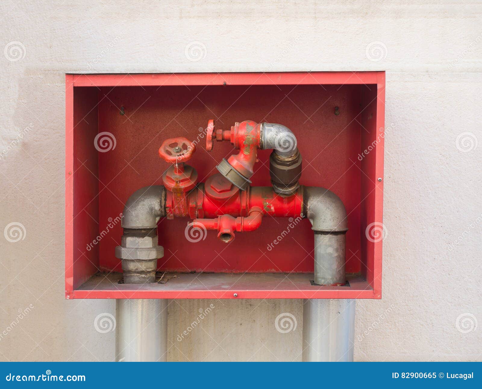Building`s Fire Hose Connections with Red Handles in a Red Box Stock ...